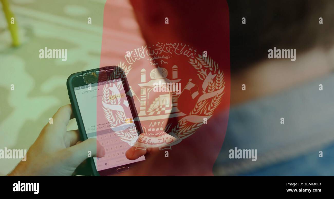 Using smartphone, person viewing image of Afghanistan flag in school ...