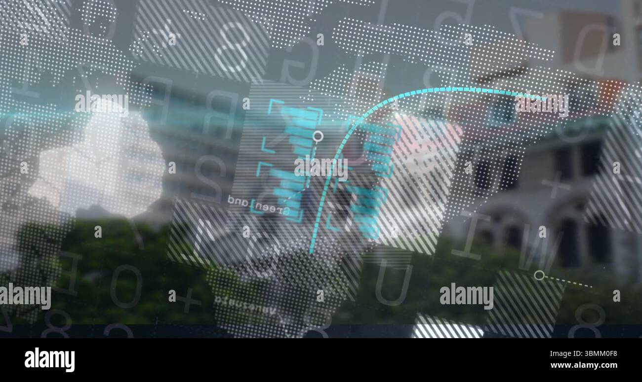 Projecting translucent data overlay on screen, showing building facade trees and cloud patches ...