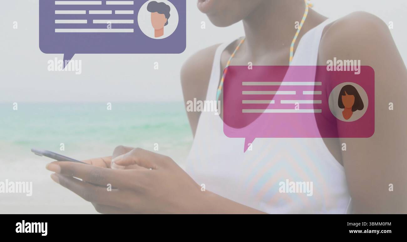 Person using smartphone with chat message images over beach background ...