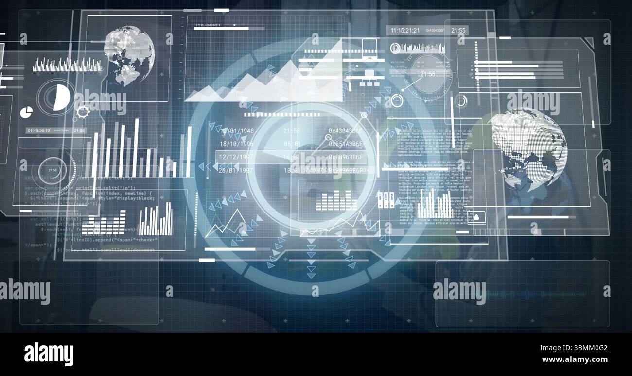 Displaying central circular HUD glowing above dashboard, with holographic panels and bar charts ...