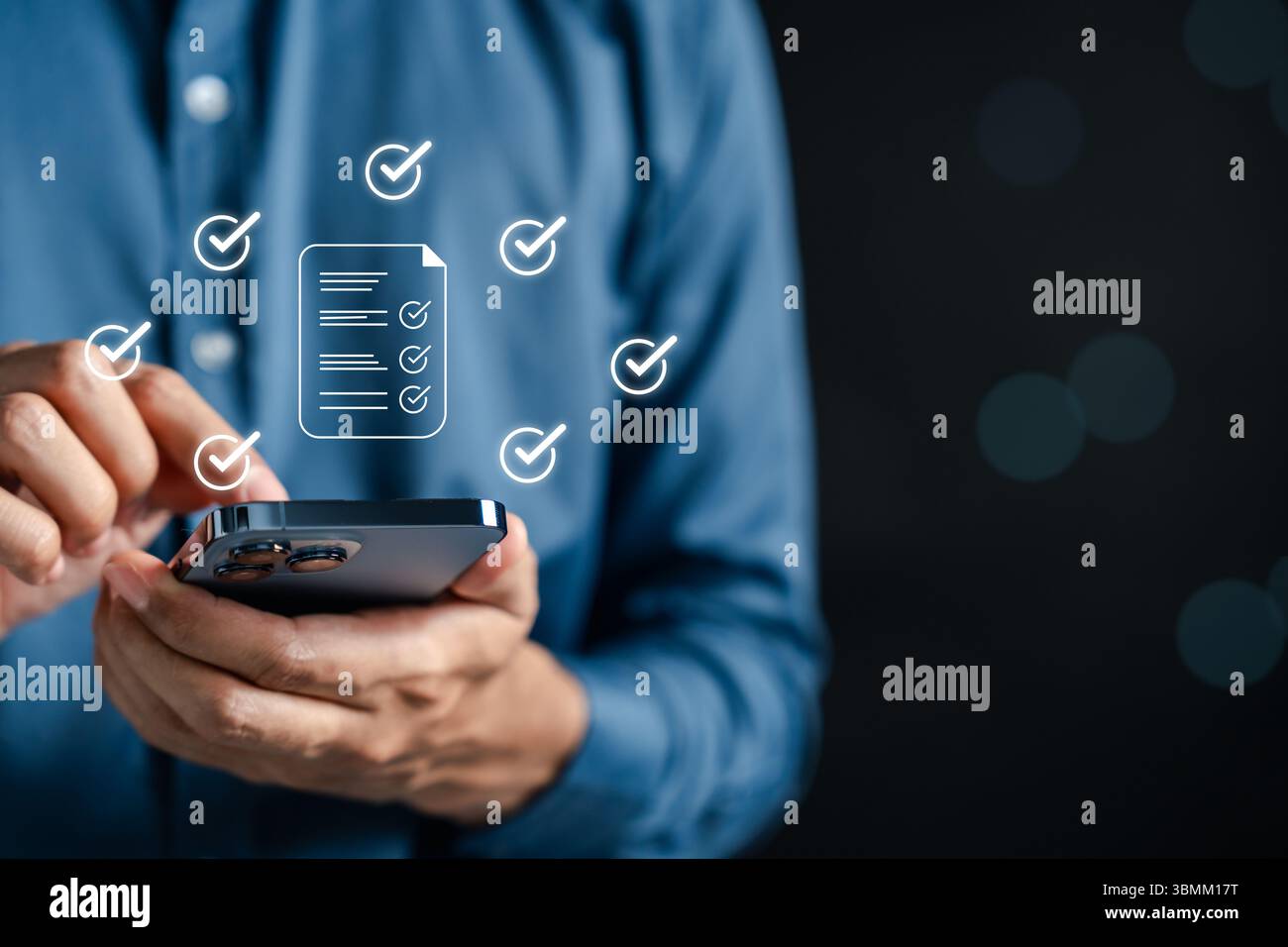 Digital checklist and document survey icons on mobile screen with checkmarks. Representing ...