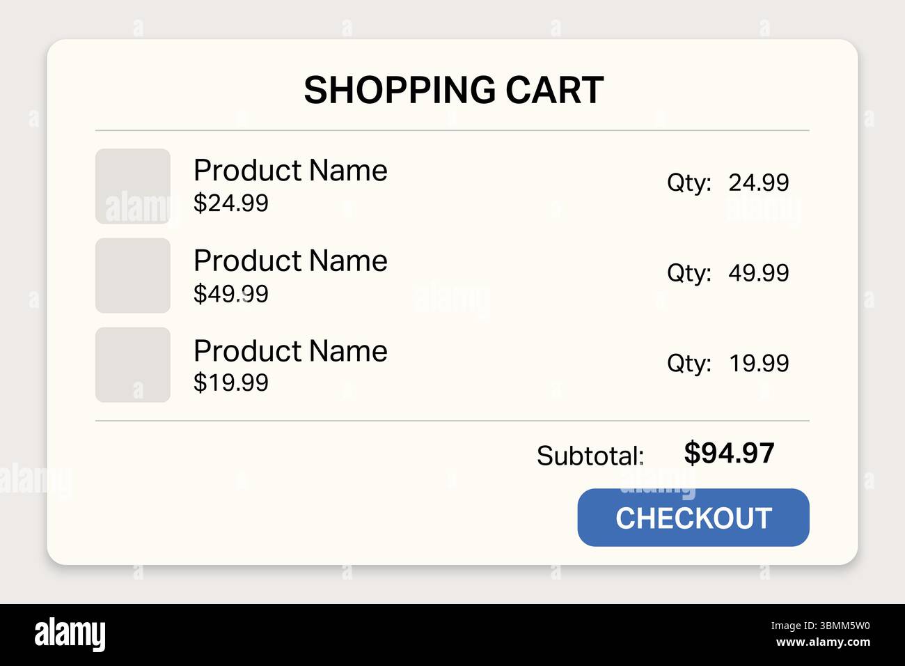 Digital shopping cart with items, prices, and checkout option Stock ...