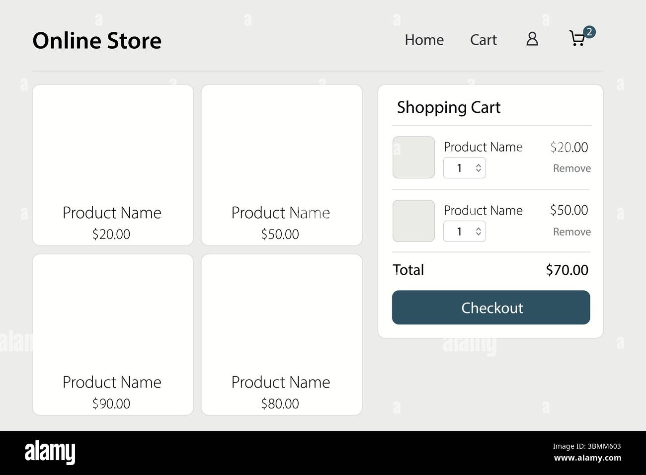 E-commerce interface showing shopping cart and product listings in a ...