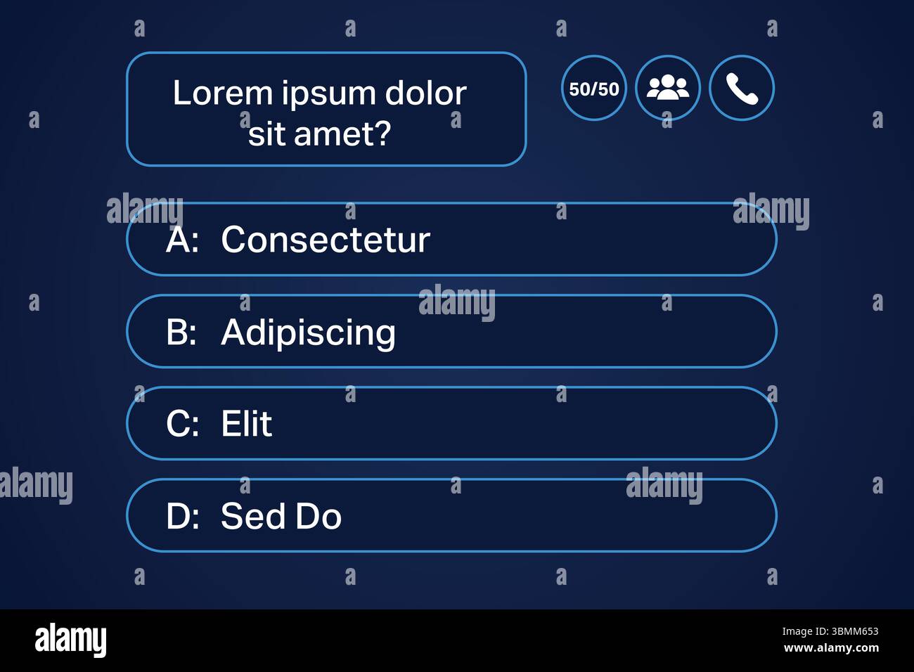 Blue quiz show layout featuring question, four answers, and lifeline ...