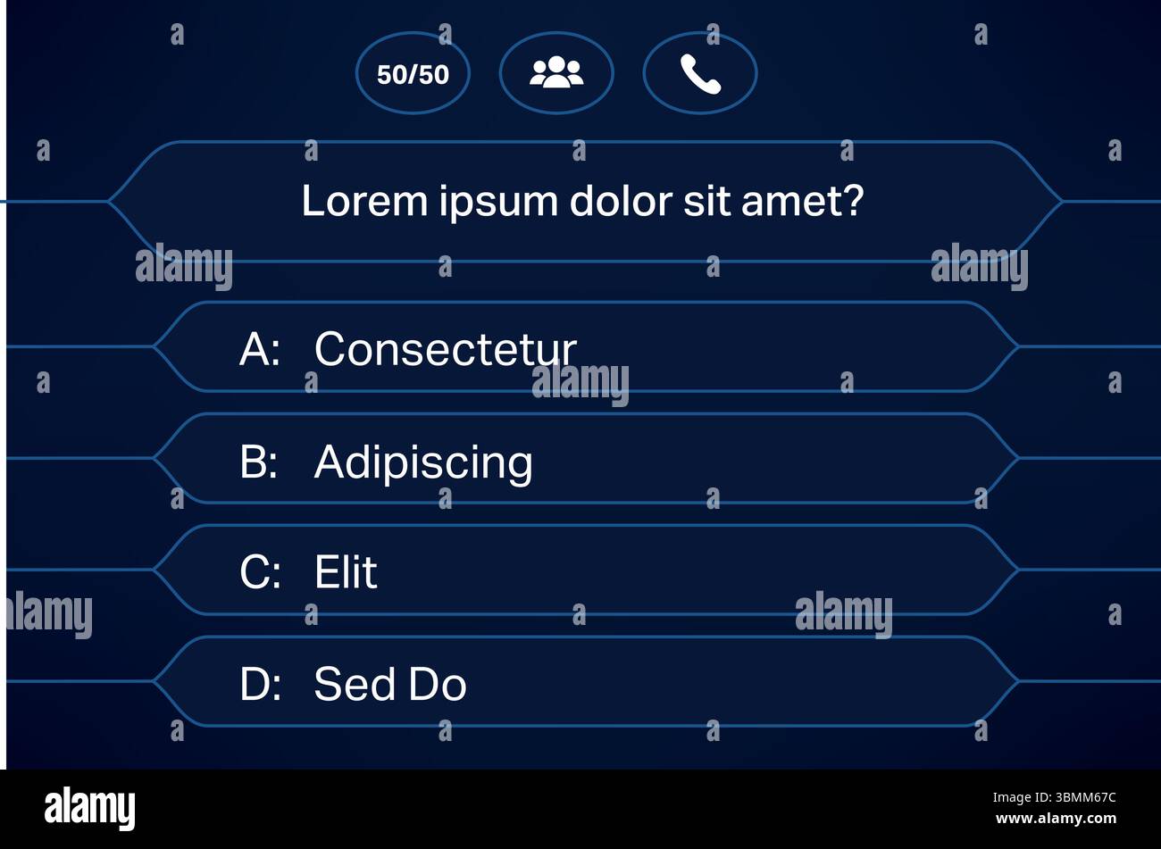 Game show question graphic with four answer choices and lifeline icons ...