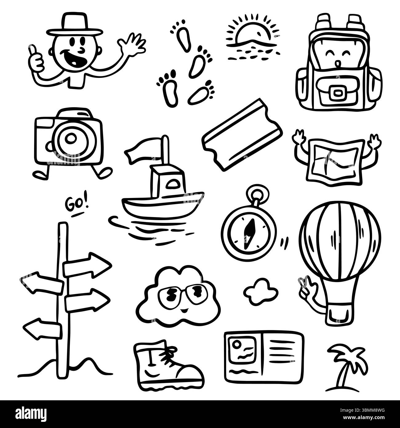 Set of travel outline doodle signs. Tourism and summer adventure icons ...