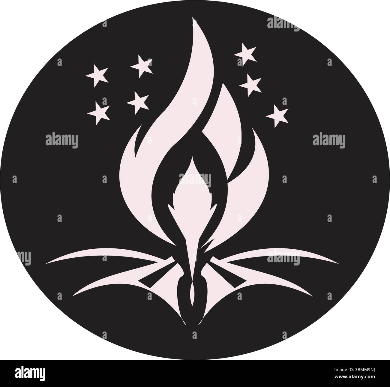 Stylized light pink flame graphic with stars on a black background, perfect for modern t-shirt ...
