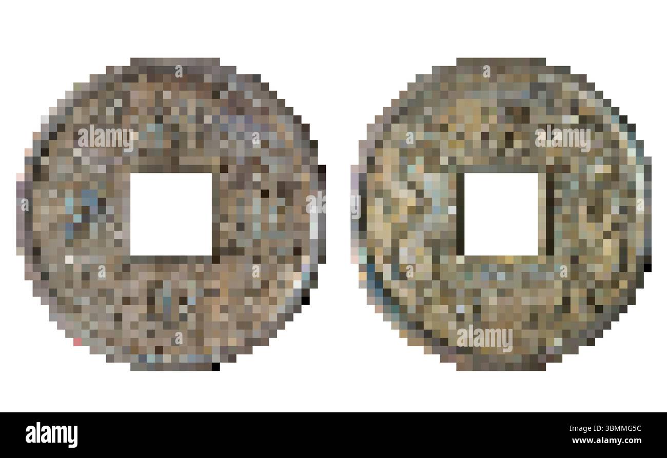 Isolated pixel art photo of asian bronze chinese coin on white ...