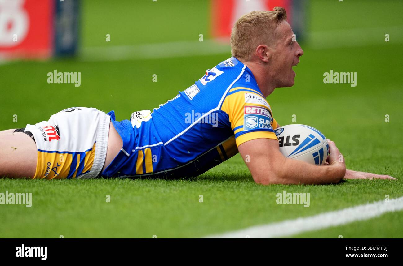 Leeds' Lachlan Miller scores their side's second try of the game during the Betfred Super League ...
