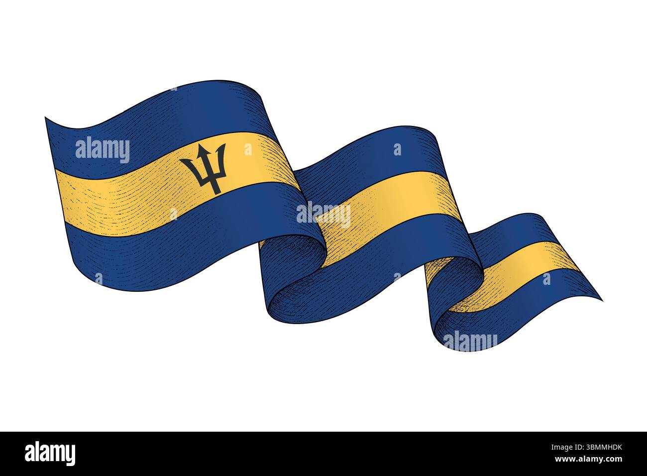 Barbados national flag waving ribbon shape with engraved vintage ...