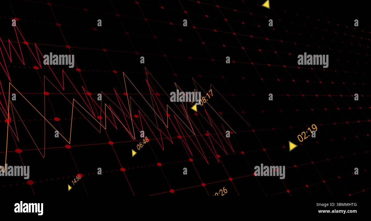 Displaying fluctuating neon line graph with yellow time markers on red ...