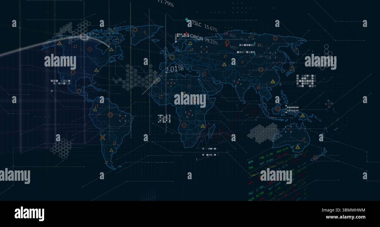 Displaying world map dashboard on desktop, showing hexagonal clusters, warning icons and data ...