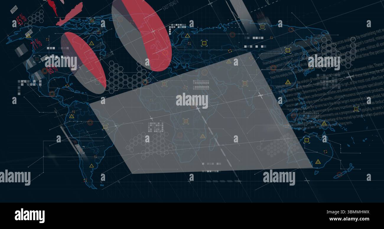 Displaying grey panel over stylized world map in digital interface ...