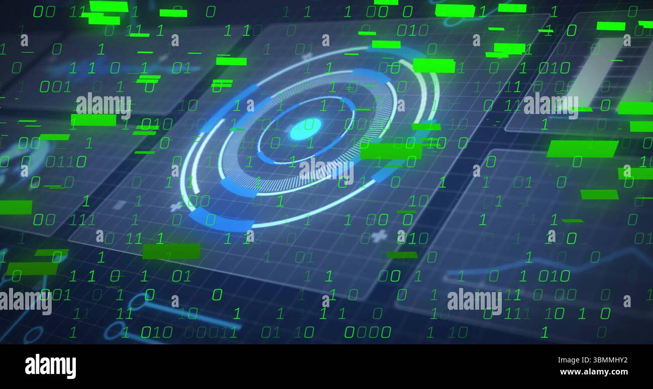 Displaying central circular HUD in grid interface, with floating green binary digits and data ...