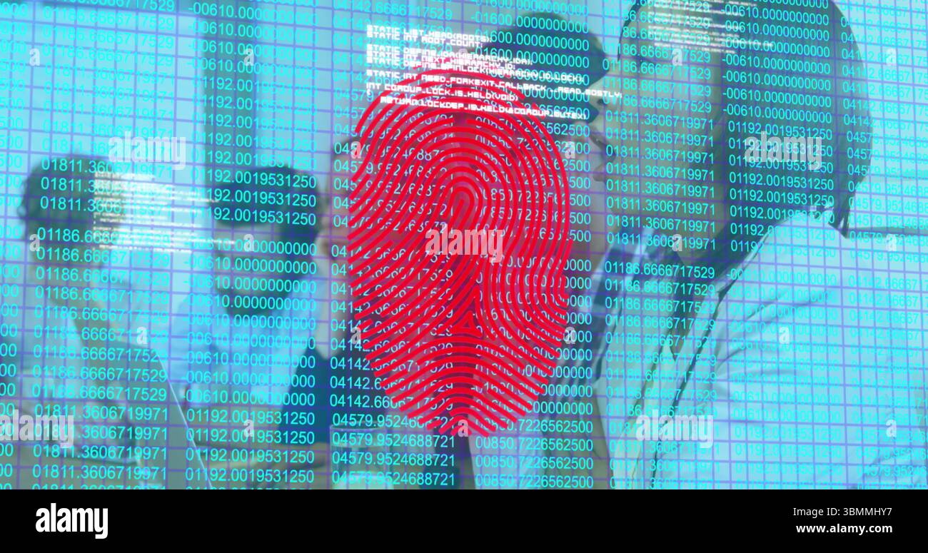 Scanning mid adult office worker verifying identity at desk, with ...