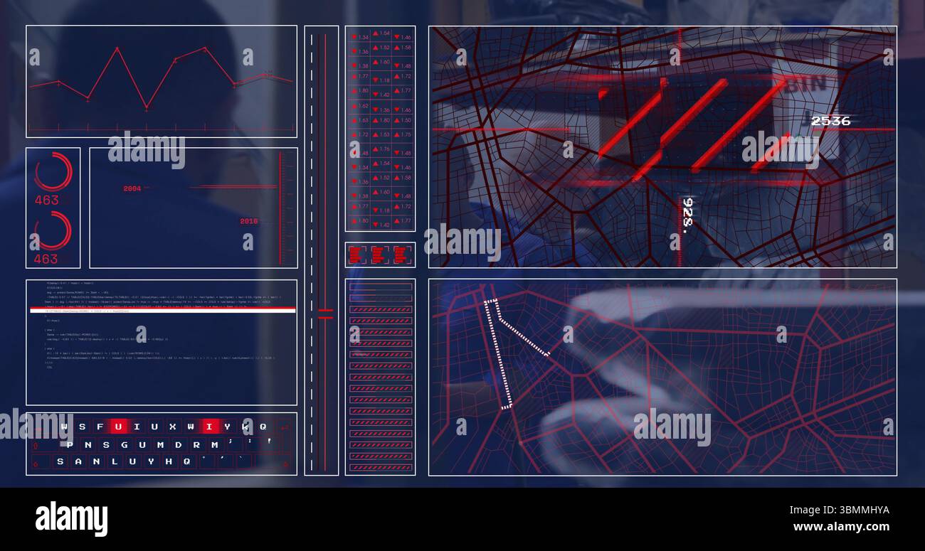 Three data analysts monitoring dashboard interface in dim control room ...