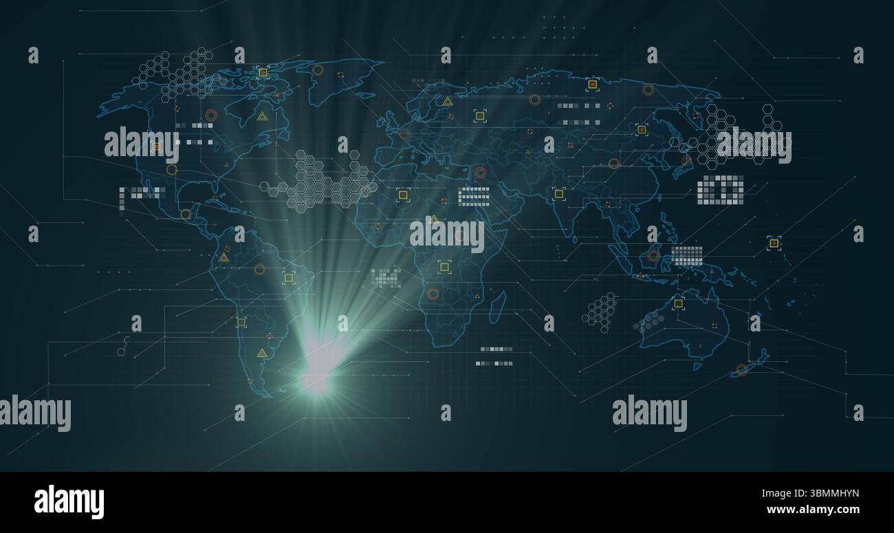 Displaying world map on interface, showing hexagon grids, circular data nodes and light flare ...