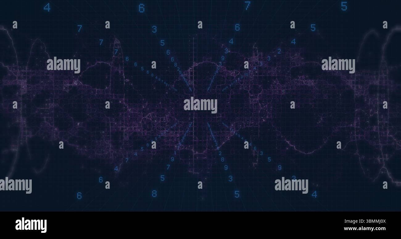 Displaying purple waveform streaming across dark virtual dashboard, with light-blue numeric ...