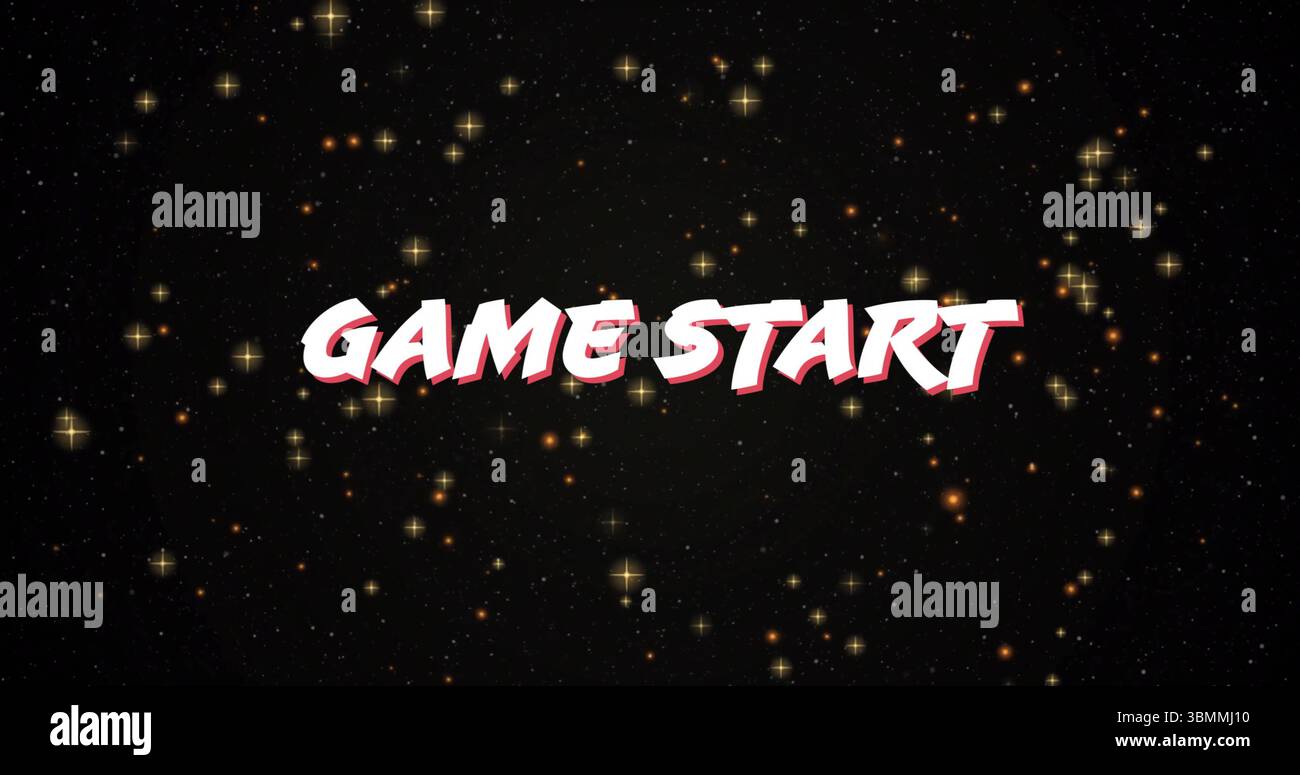 Displaying bold stylized text GAME START floating over deep space, with ...