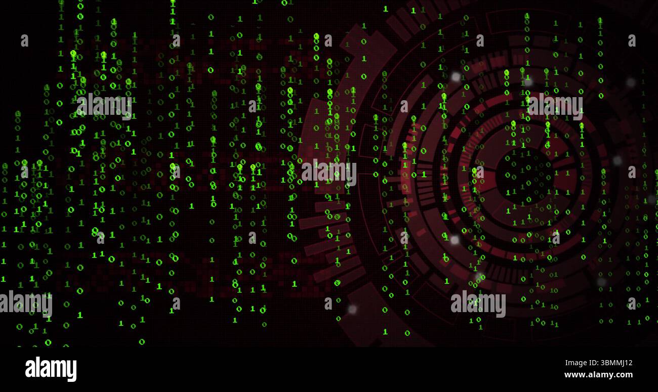 Displaying virtual system showing cascading green binary code in cyberspace, with red HUD ...