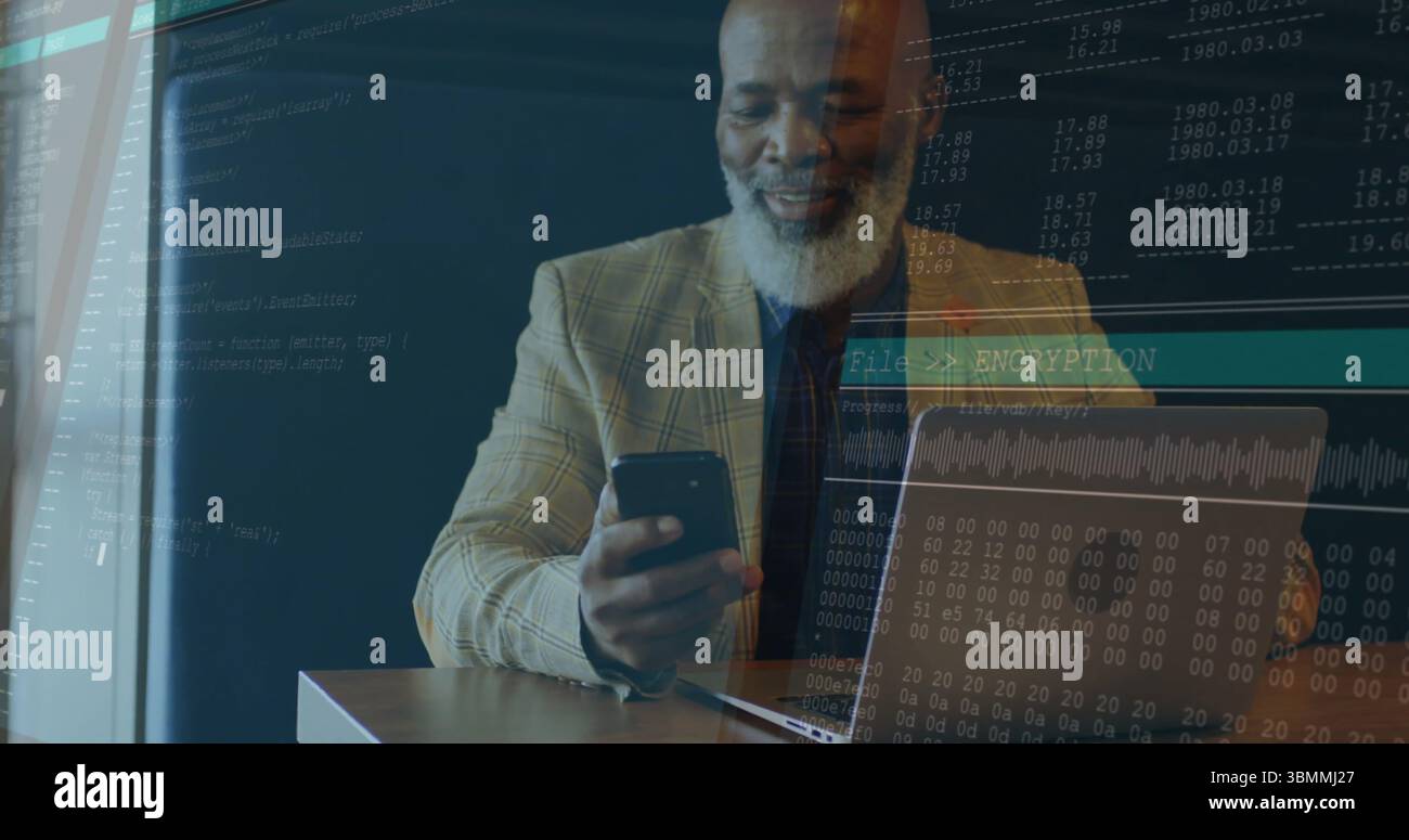 Reviewing IT expert wearing blazer scanning smartphone at office desk ...