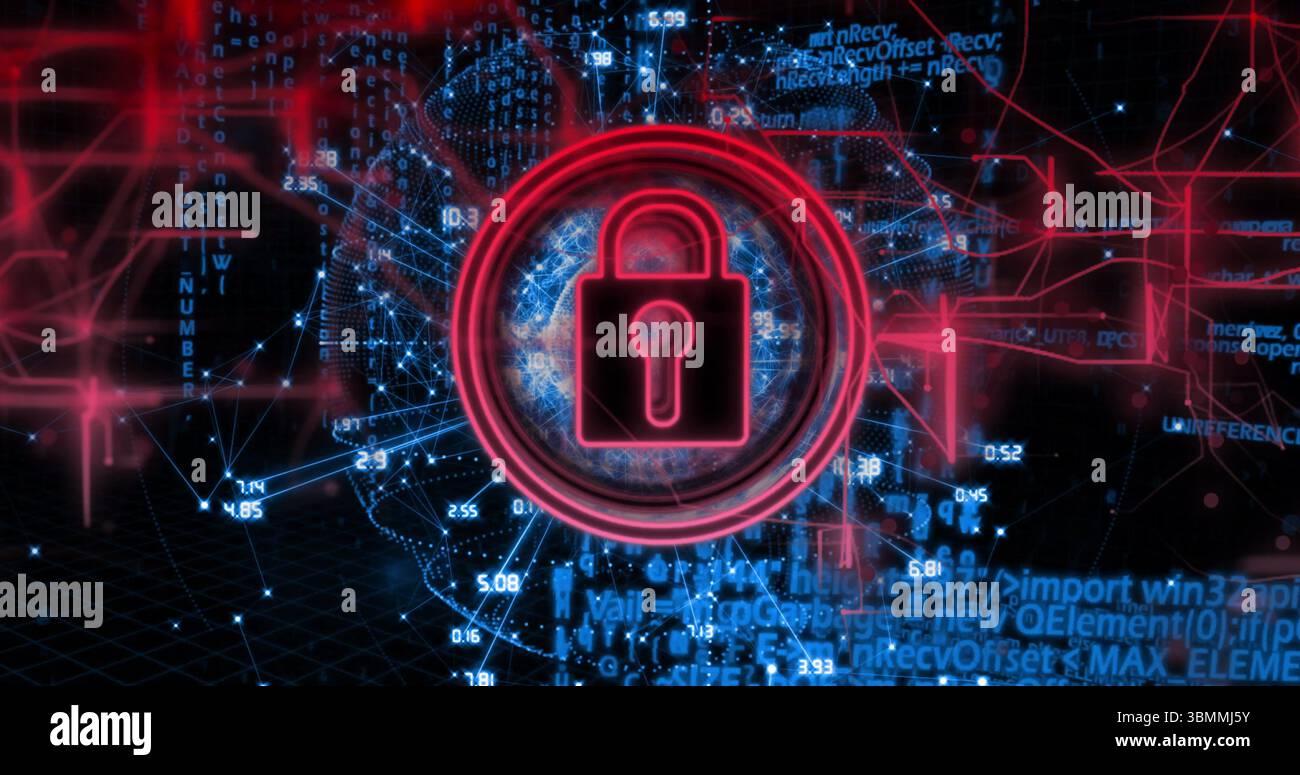 Image of red padlock icon over digital network with binary code ...