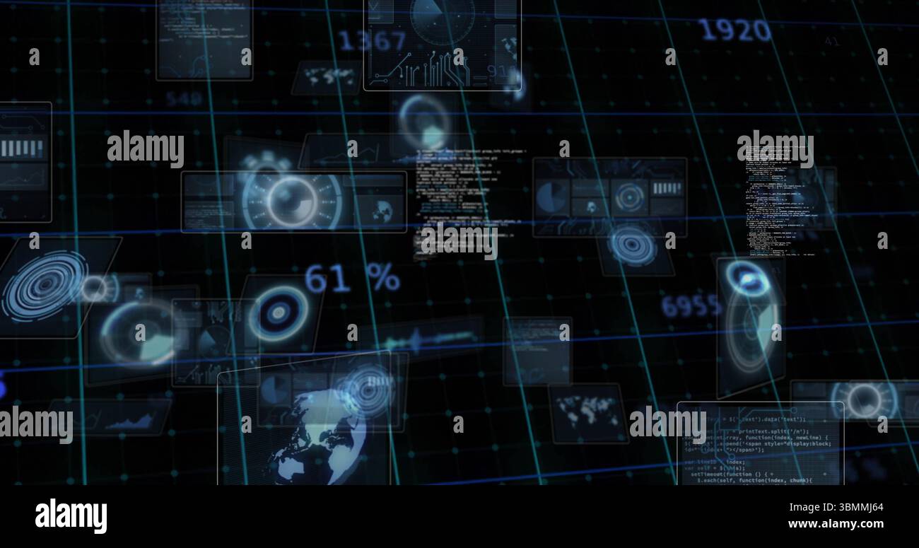 Holographic UI display floating in grid space, with panels, targets, map hologram and ...