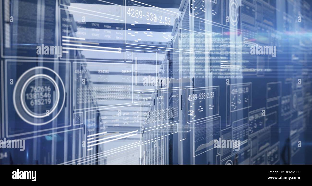 Glowing server racks emitting LED lights in data center aisle, with ...