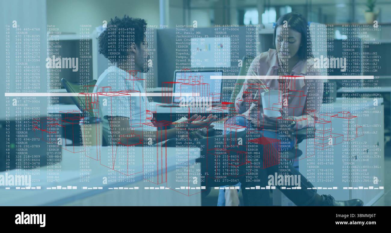 Two colleagues in business attire studying holographic data display in ...
