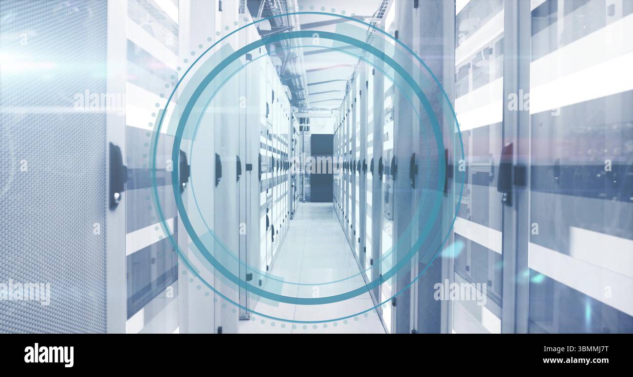 Extending white server cabinets forming long corridor in data center, with digital overlay ...