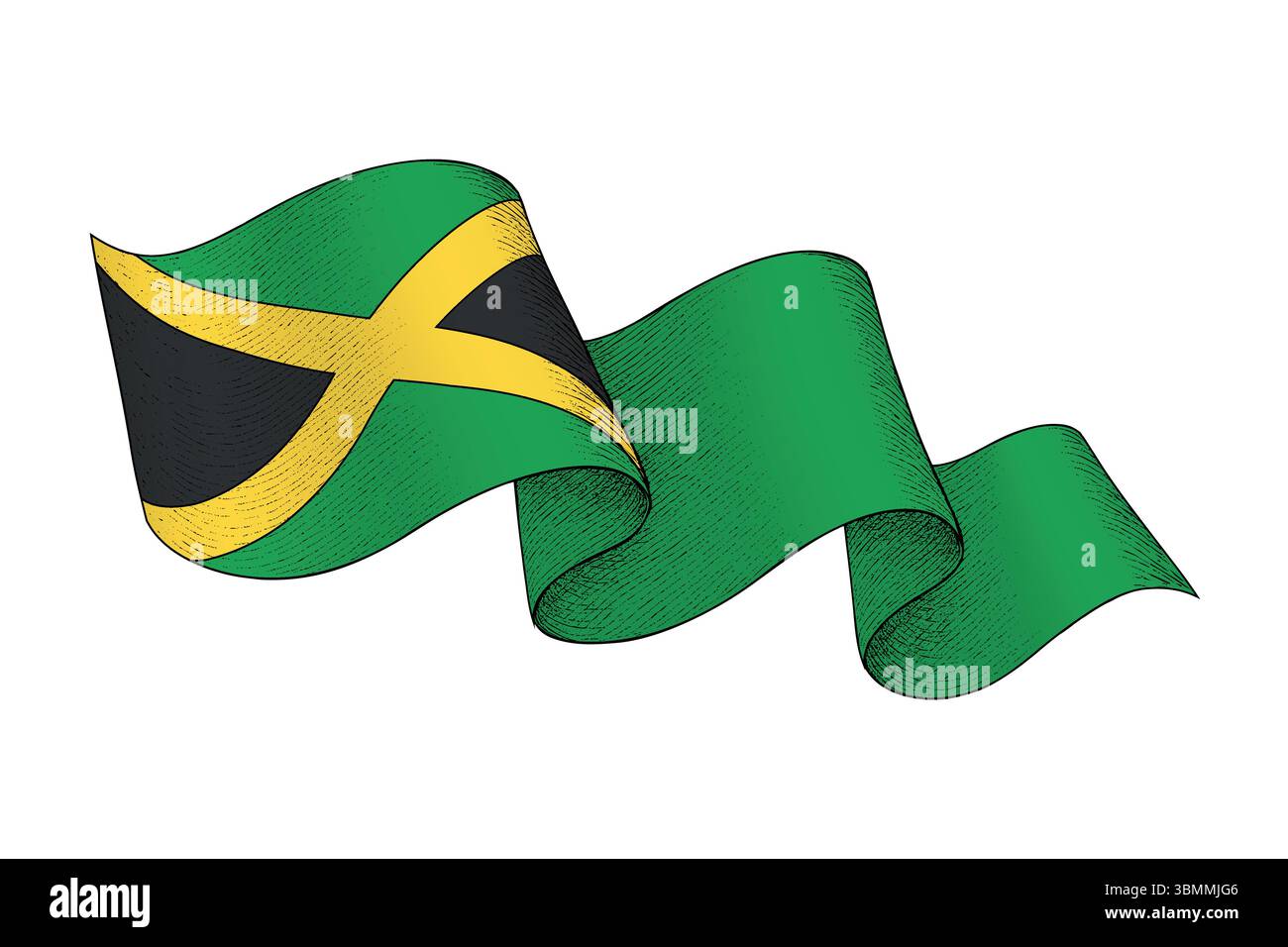Jamaica national flag waving ribbon shape with engraved vintage texture ...