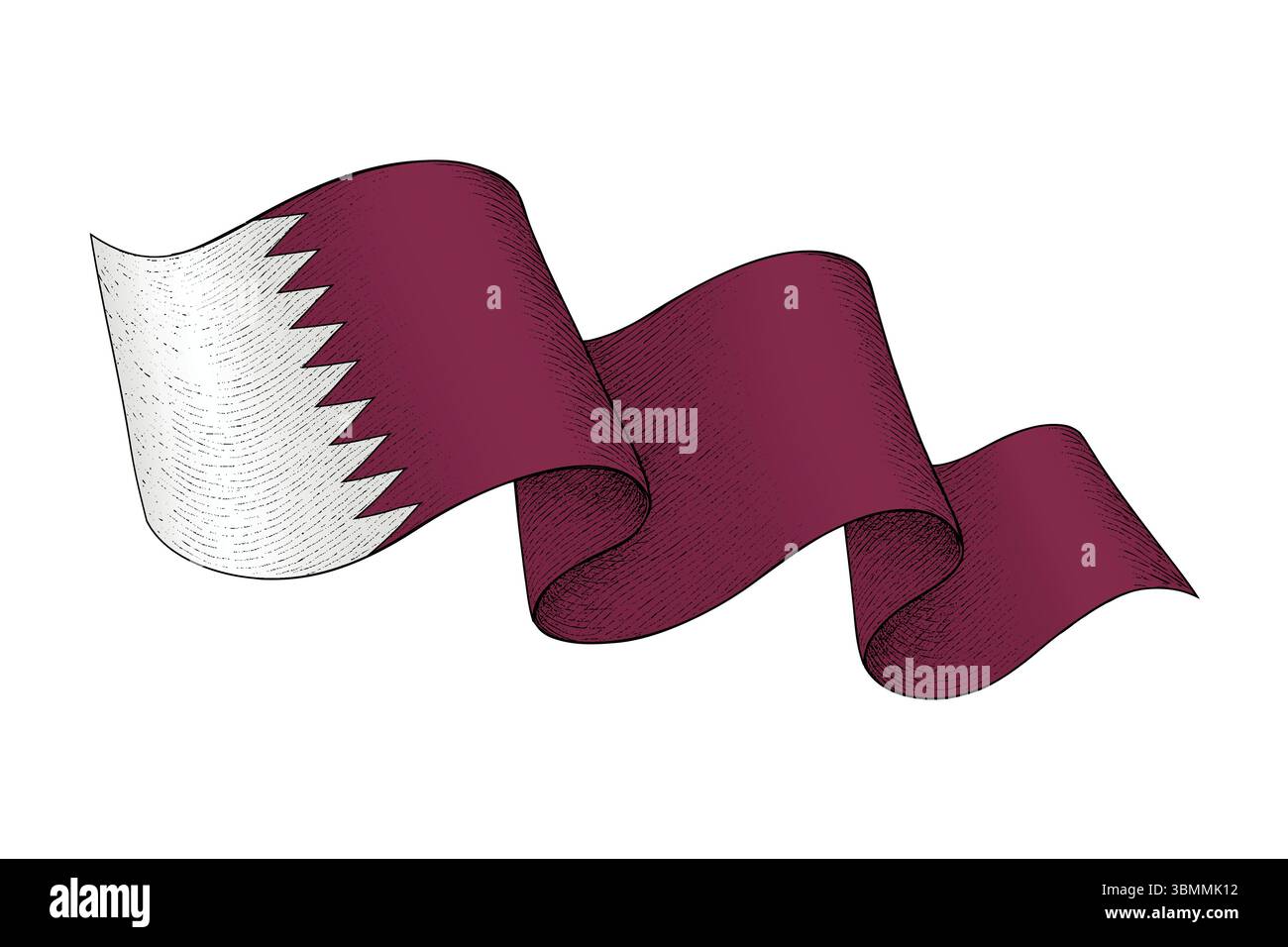 Qatar national flag waving ribbon shape with engraved vintage texture ...