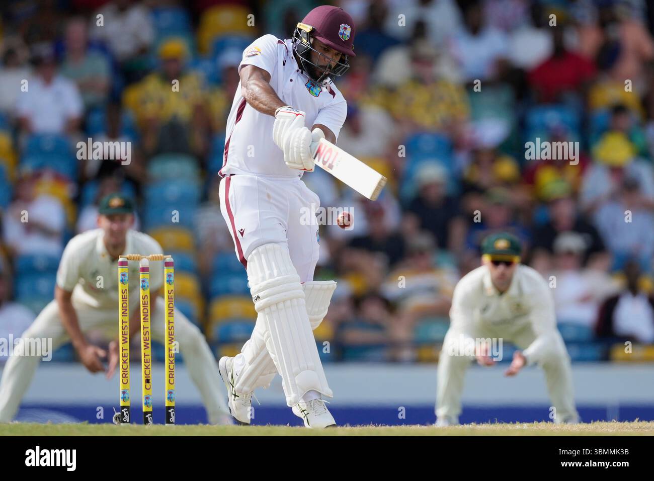 West Indies' John Campbell plays a shot from a delivery of Australia's ...