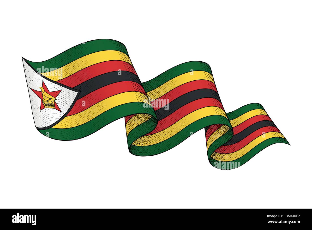 Zimbabwe national flag waving ribbon shape with engraved vintage ...