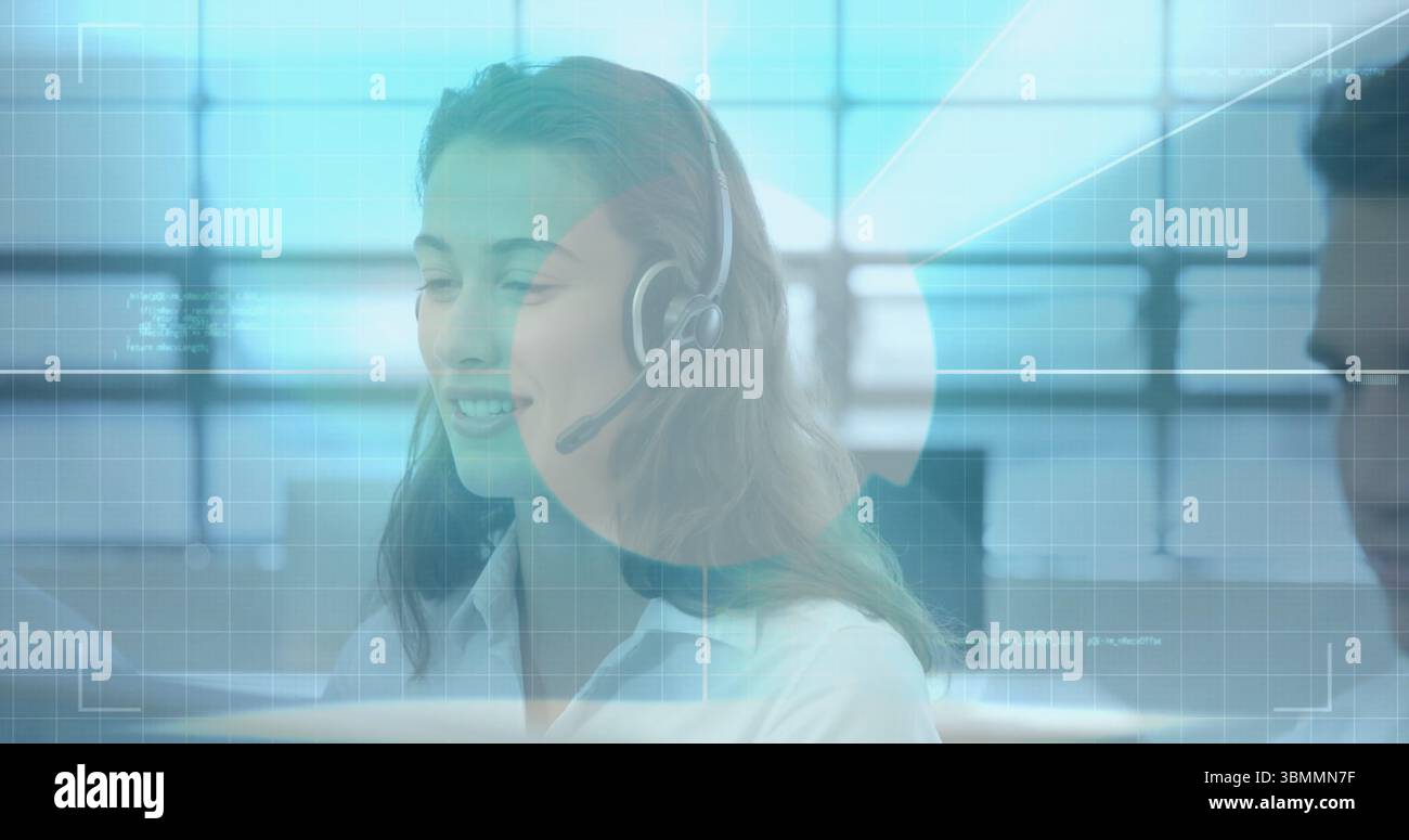 Speaking female call center agent handling customer request in open ...