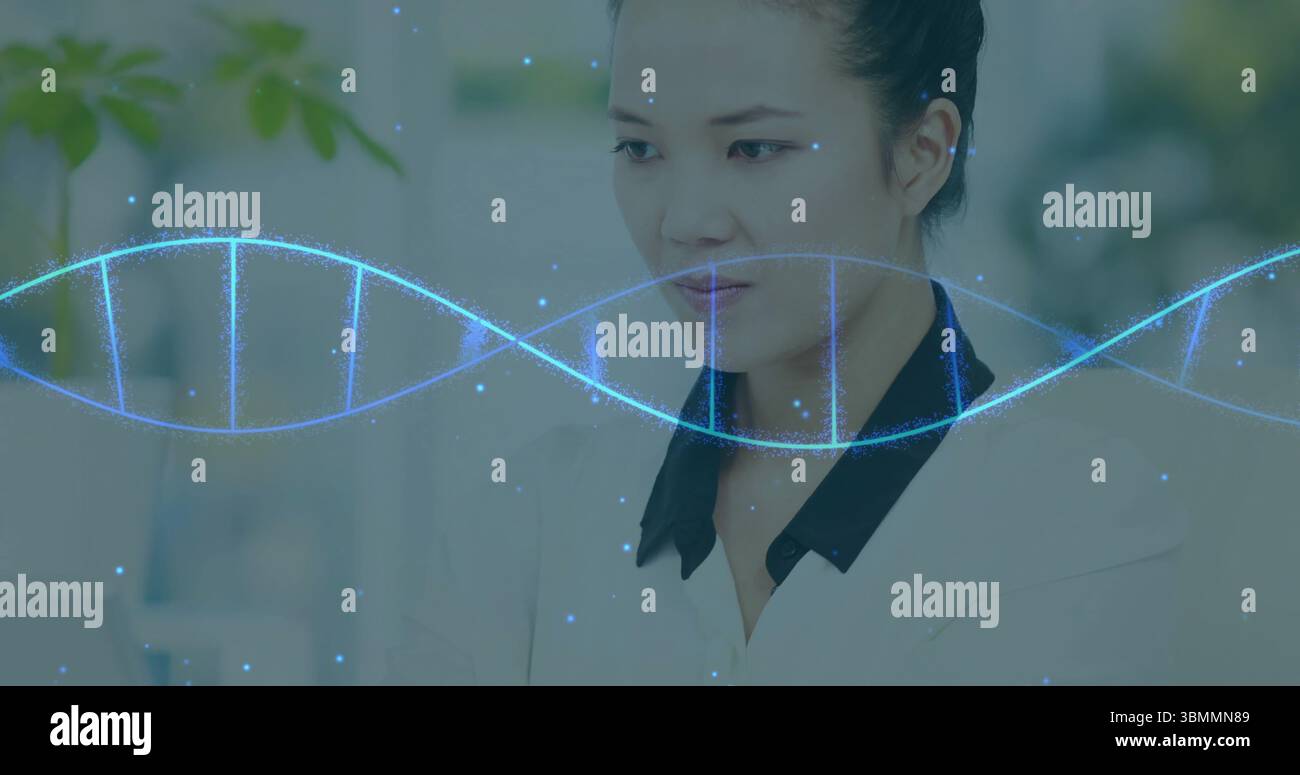Analyzing blue DNA hologram, scientist wearing white lab coat over ...