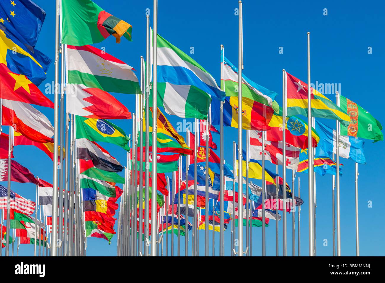 Lots of world's countries national flags waving on the wind, with Tajik ...