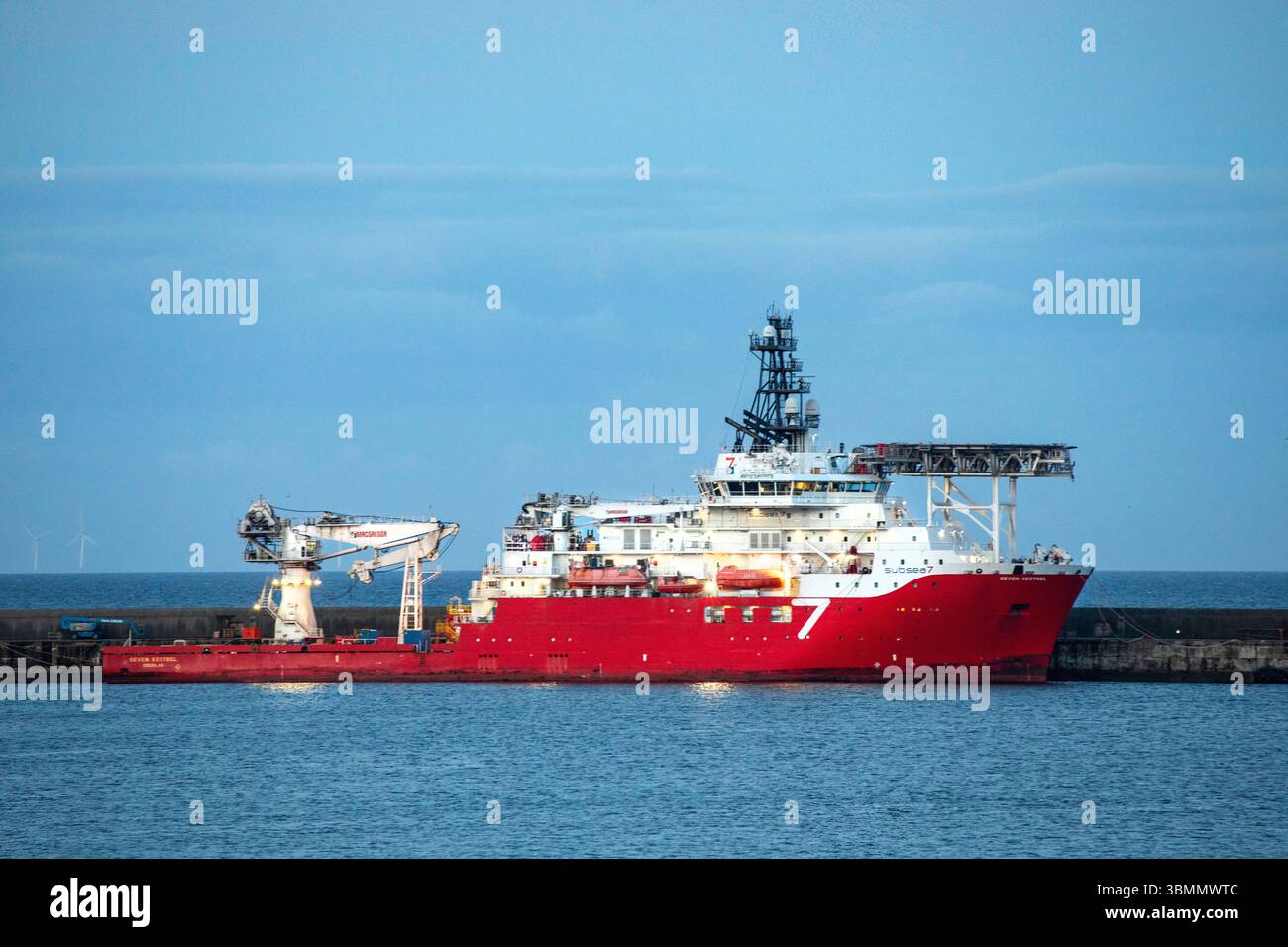 The Seven Atlantic offshore supply ship and dive vessel berthed in Peterhead Harbour. The boat ...