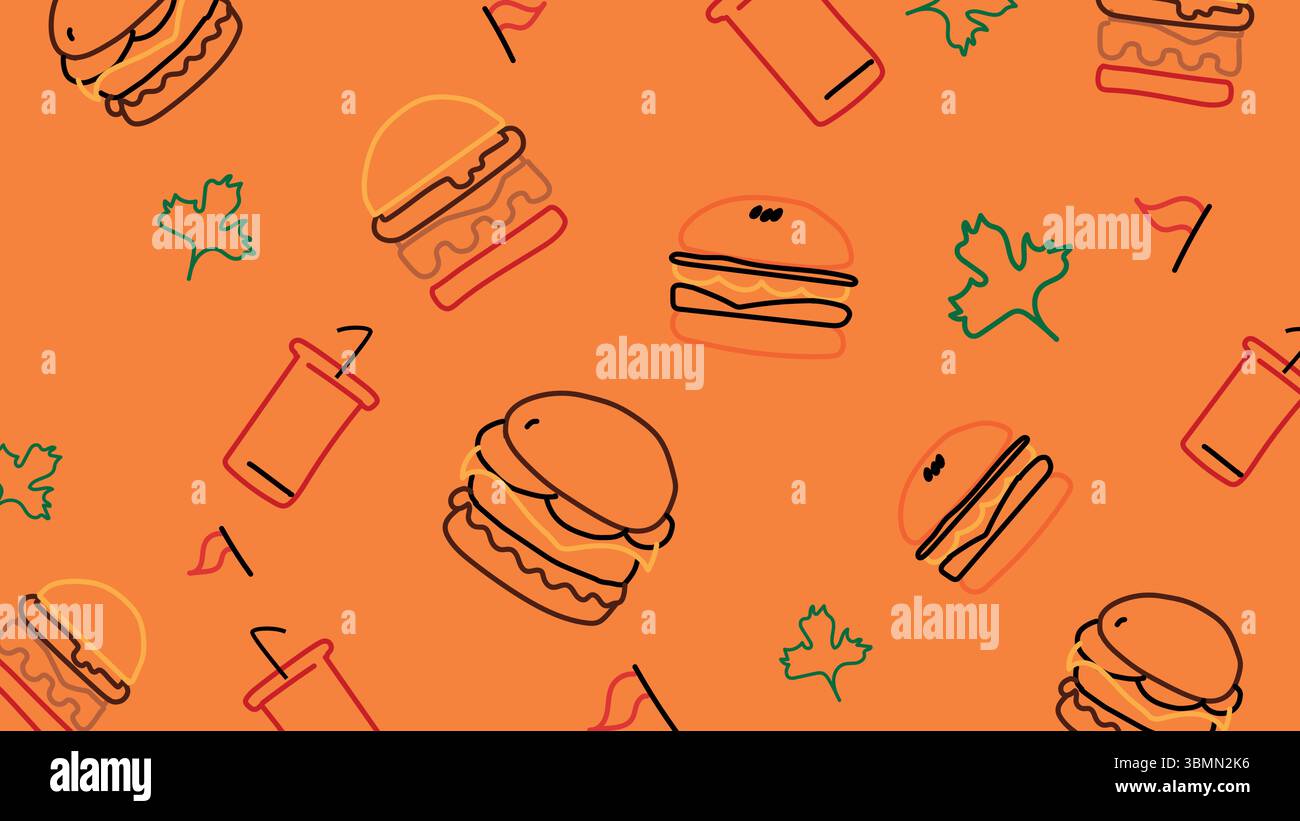 Orange background with illustrated burgers, soda cups, and leaf icons ...