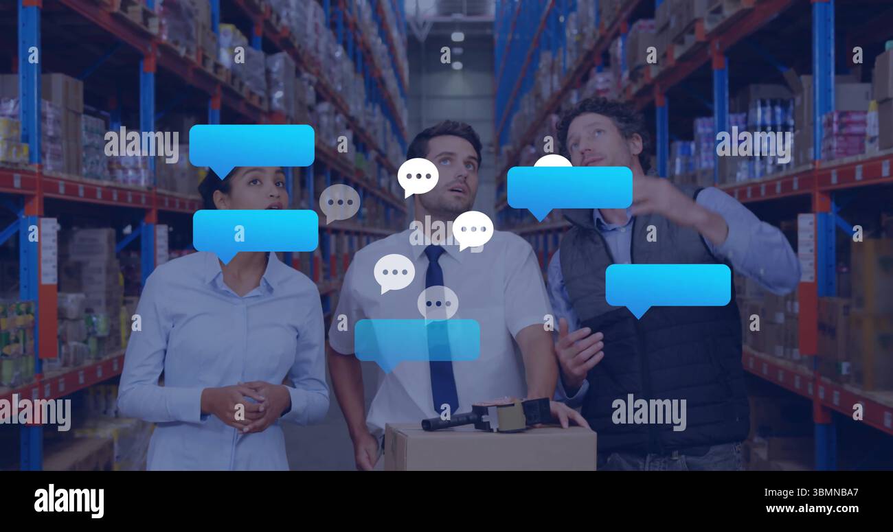 Scanning cardboard boxes on cart while pointing at shelving in warehouse aisle, with chat ...