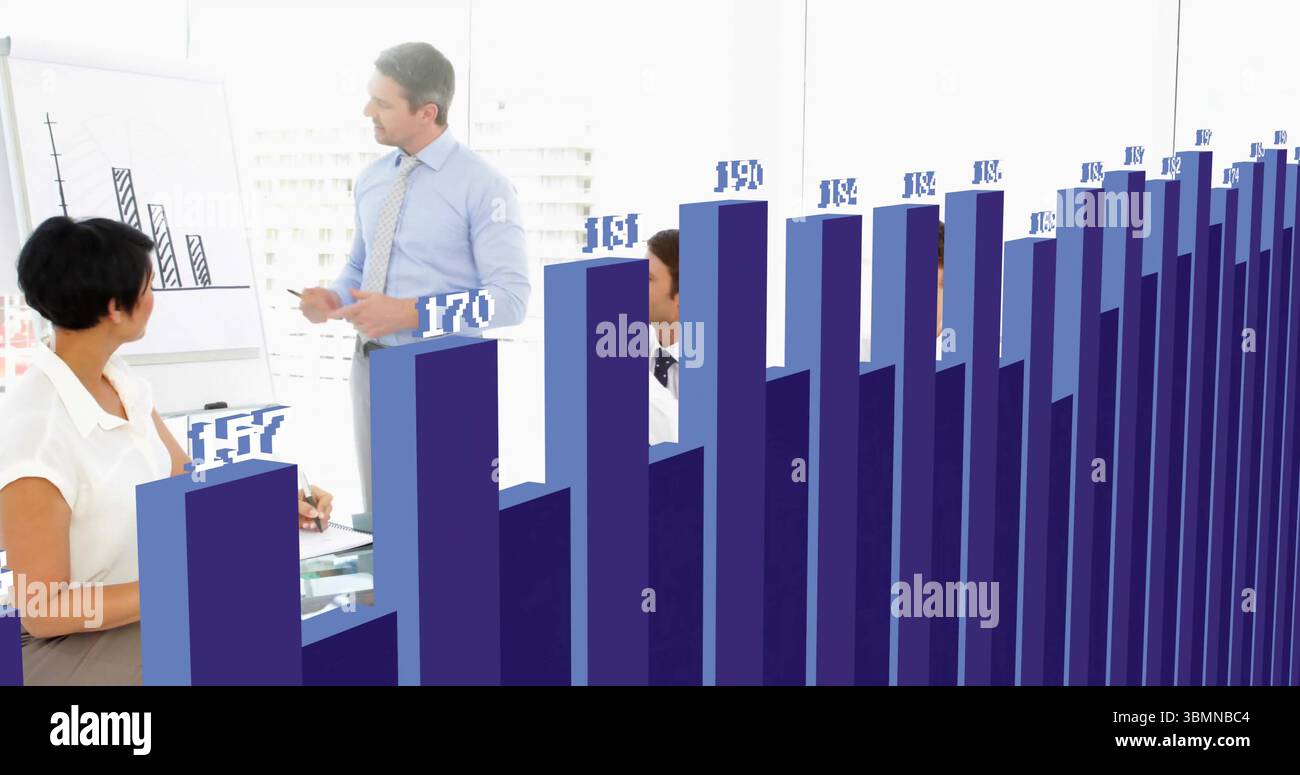 Presenting mid adult man wearing tie explaining bar graph in conference ...