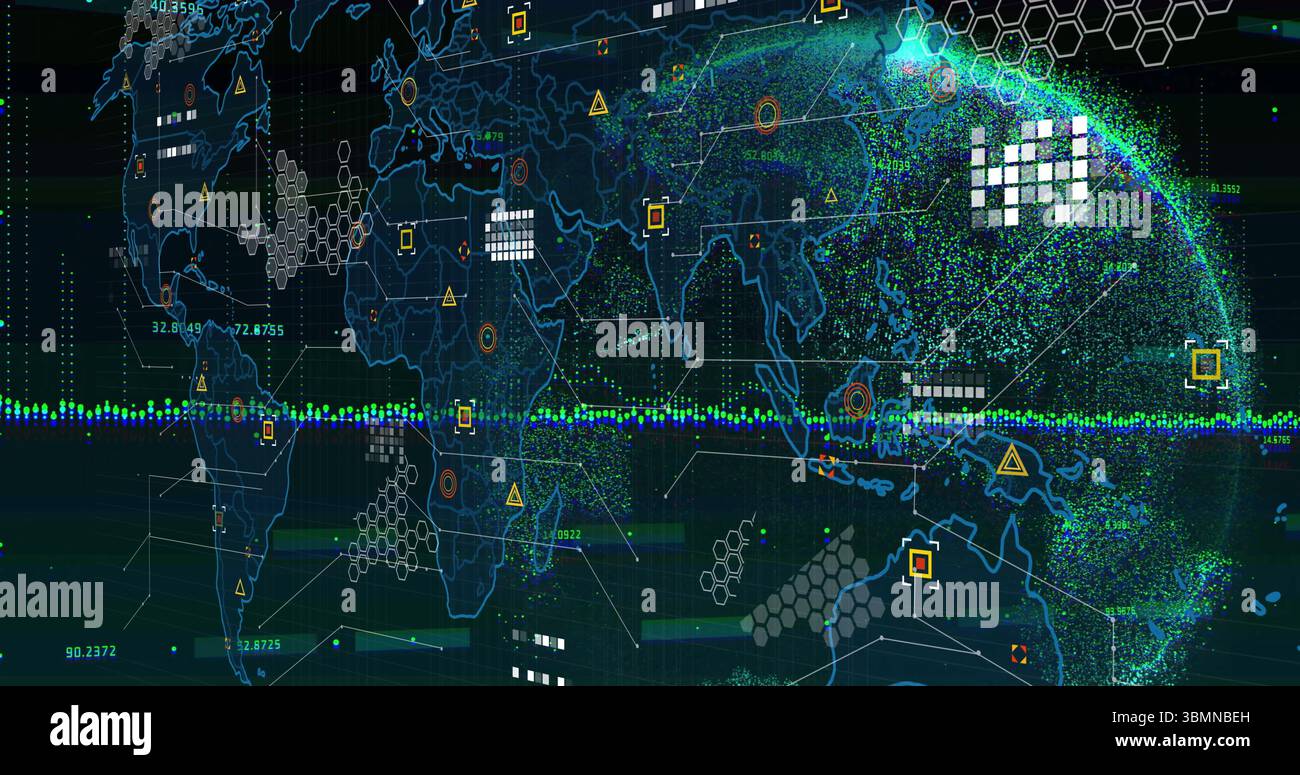 Displaying stylized world map and data globe in console, showing hex ...
