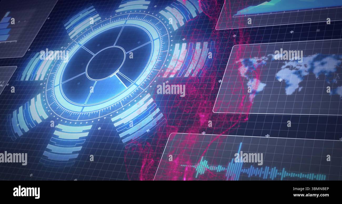 Holographic HUD floating on dark grid, with data arcs, panels, world map, waveform and line ...