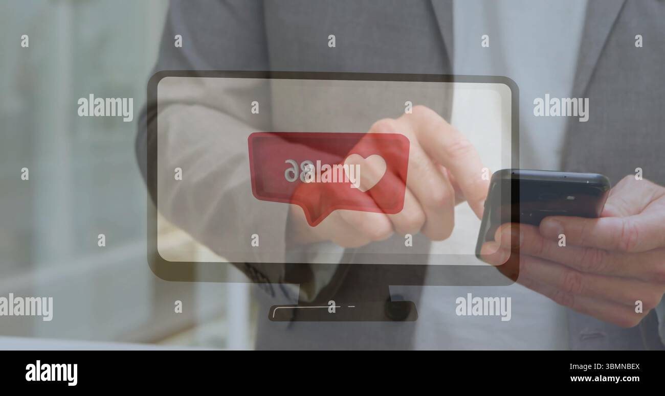 Tapping smartphone, man in gray suit in office corridor, with red heart ...