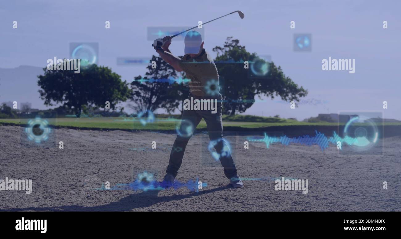 Swinging golfer striking golf ball and analyzing swing data at sand bunker, with digital ...