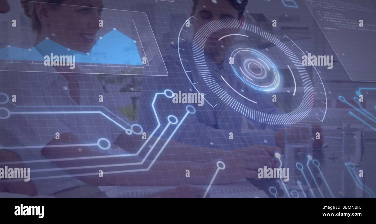 Collaborating digital data interface overlay hi-res stock photography ...