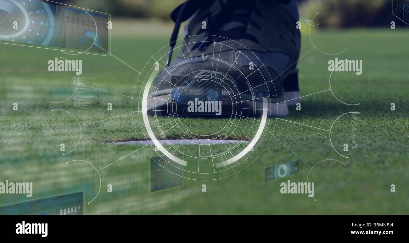 Displaying black athletic golf shoe near golf hole undergoing analysis ...
