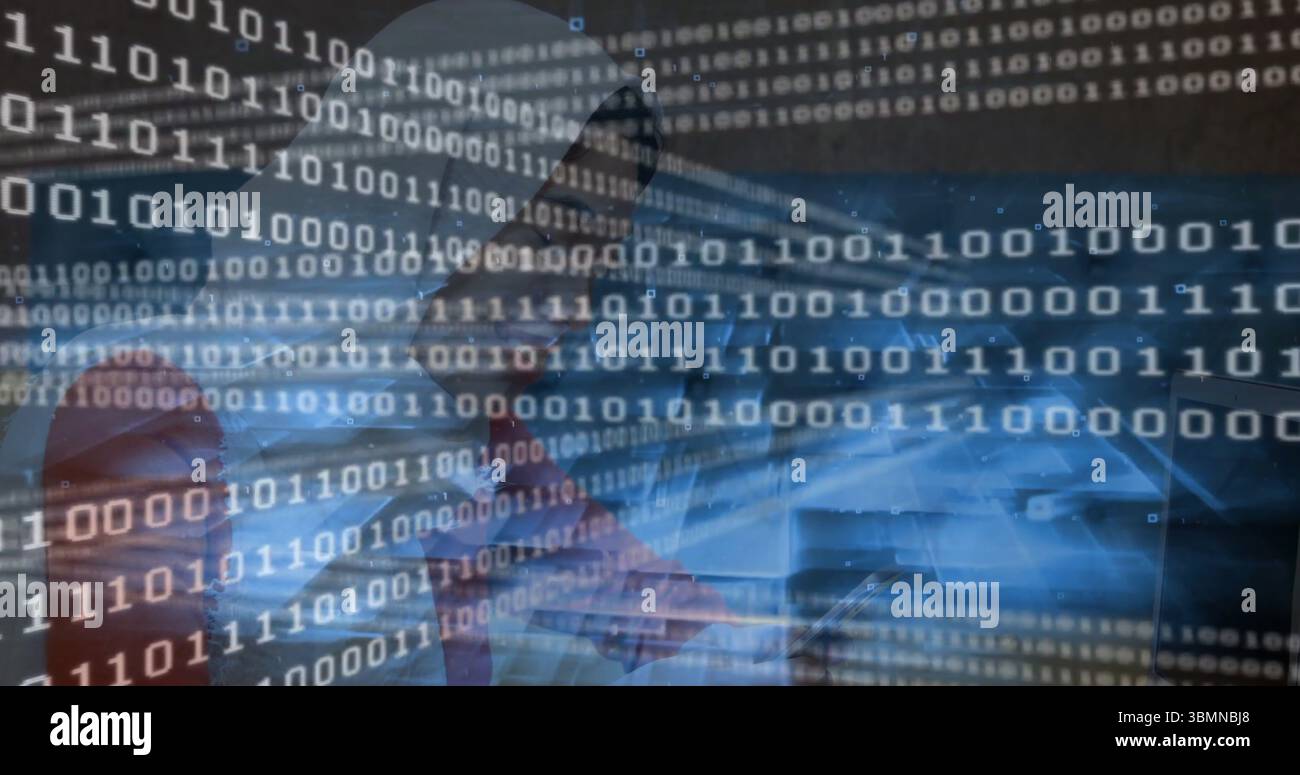 Sitting woman focusing on laptop at office desk with red chair, smartphone and binary code ...