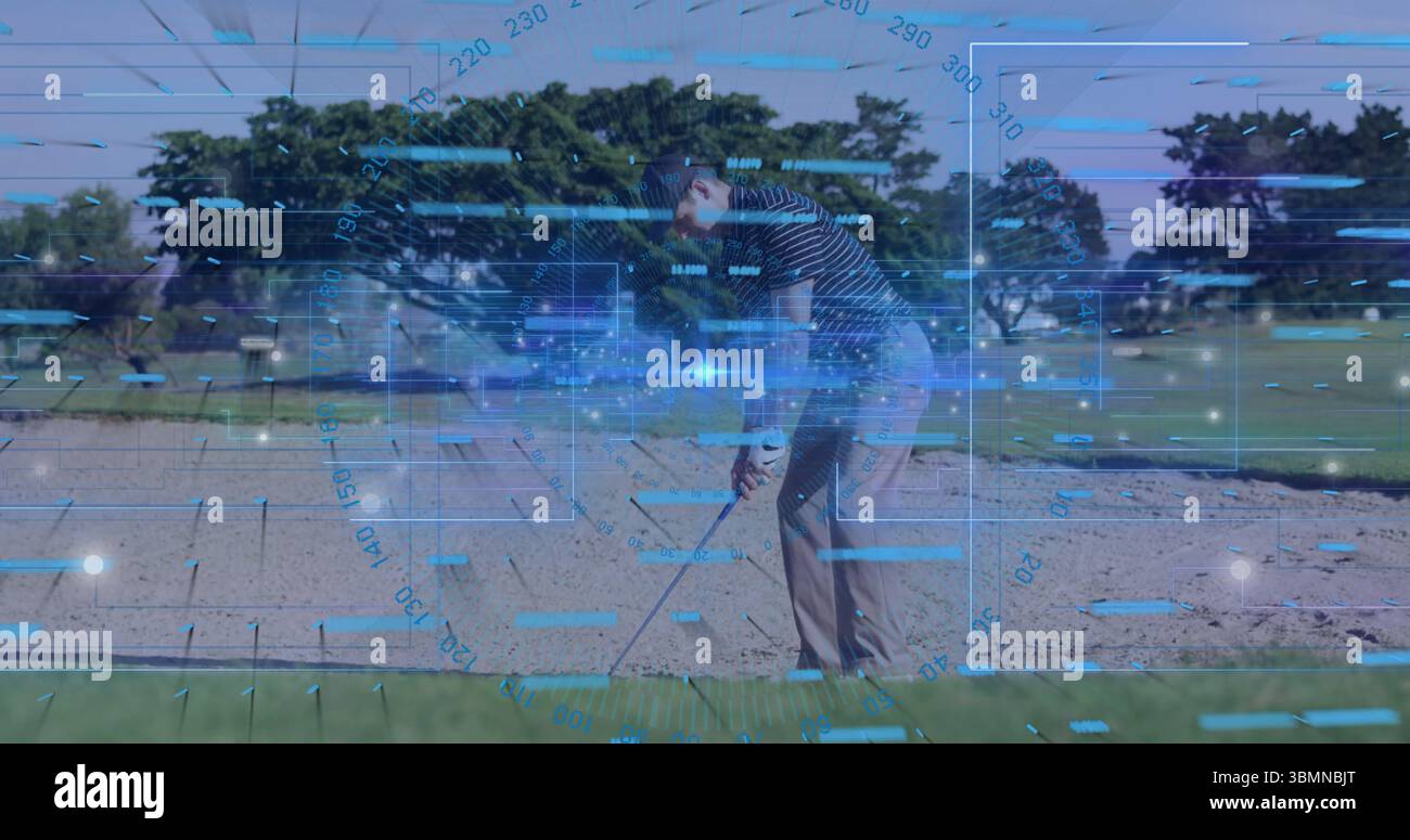 Male golfer in striped polo addressing golf ball in sand bunker on golf ...