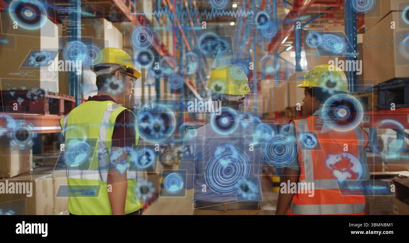 Analyzing digital overlays, workers wearing yellow hardhats and vests ...